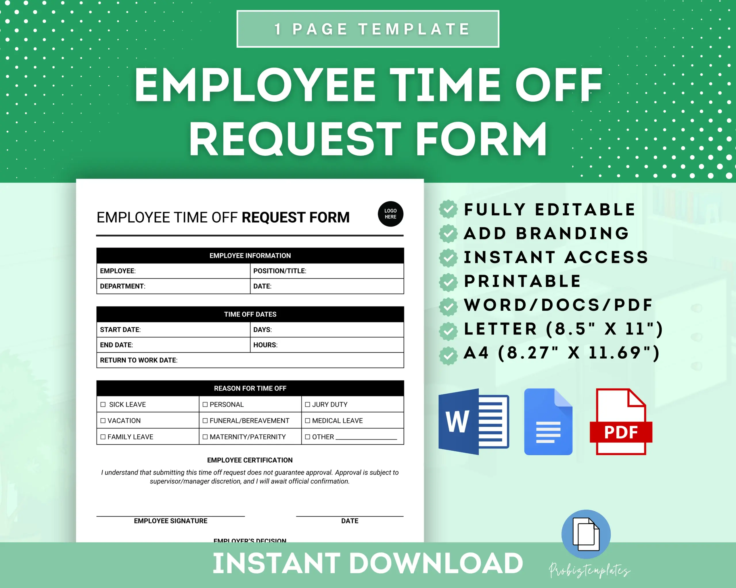 Employee Time Off Request Form | ProBizTemplates