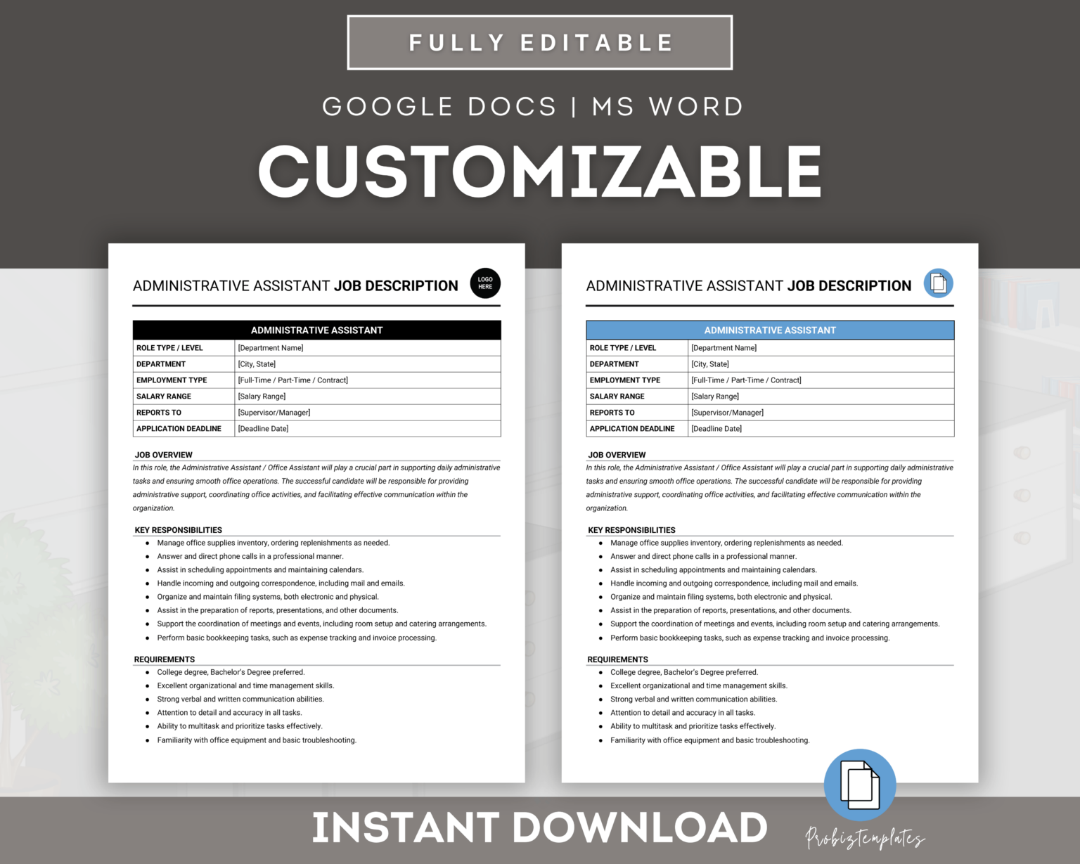 Administrative Assistant Job Description Template | ProBizTemplates