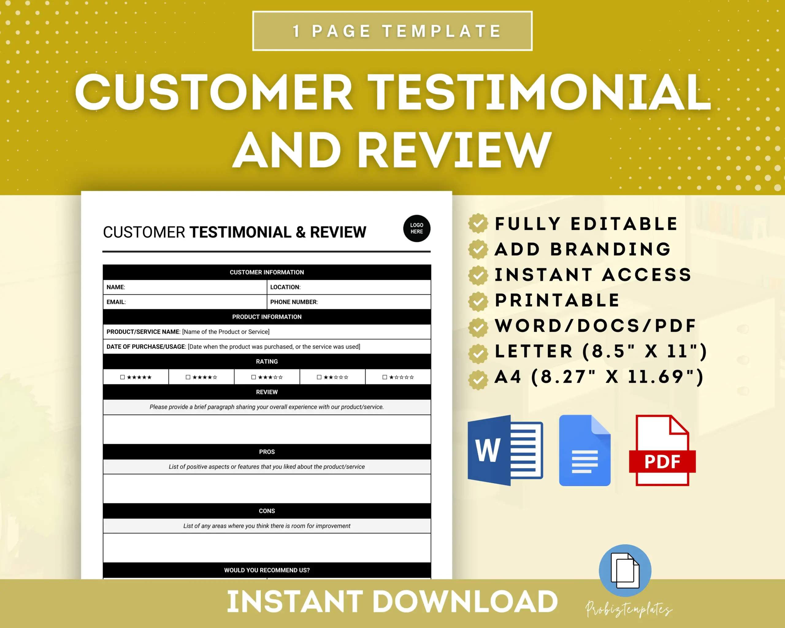 Customer Testimonial & Review Form | ProBizTemplates