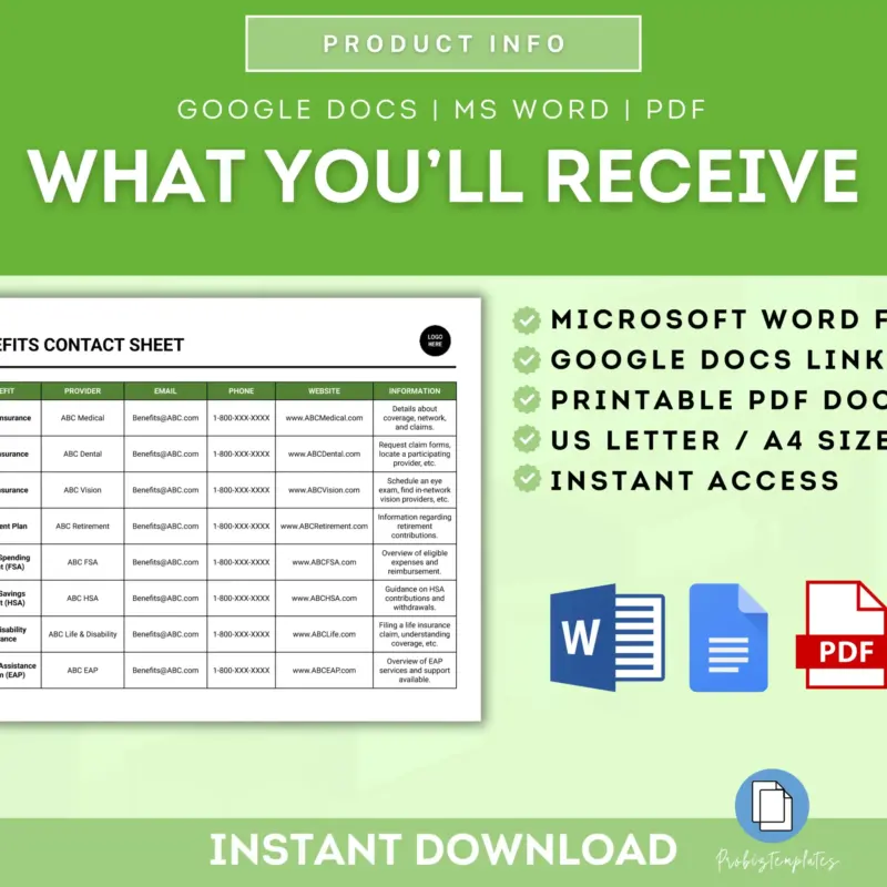 Benefits Contact Information Sheet Template | ProBizTemplates