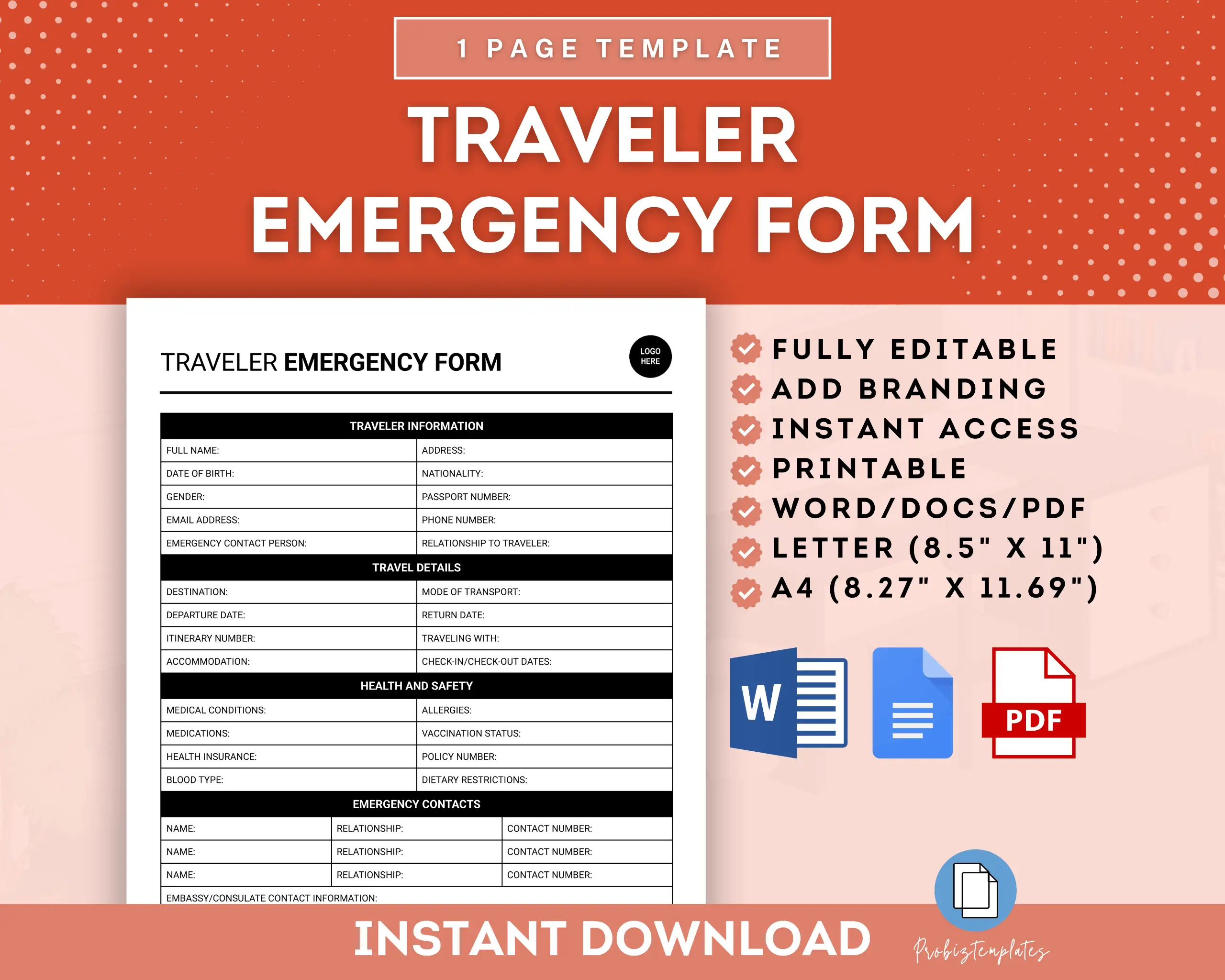 Traveler Emergency Form Template | ProBizTemplates