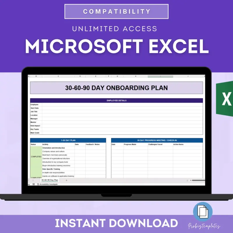 Employee 30-60-90 Day Onboarding Plan Spreadsheet | ProBizTemplates