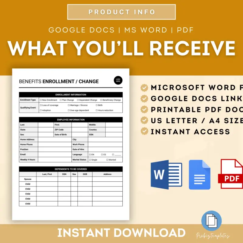 Benefits Enrollment And Change Form | ProBizTemplates