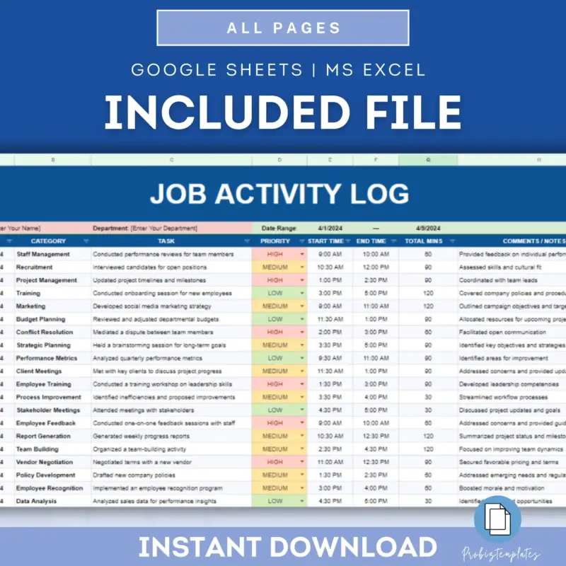 Job Activity Log Template | ProBizTemplates