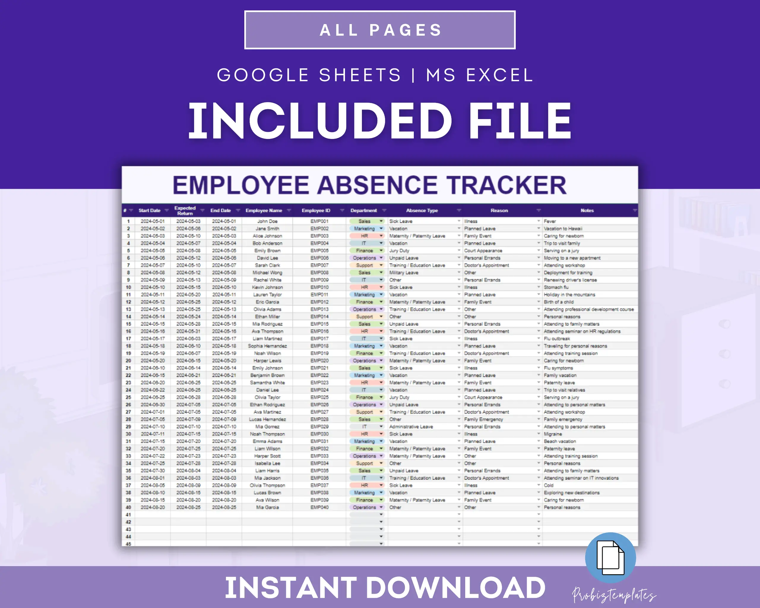 Employee Absence Tracker Spreadsheet | ProBizTemplates