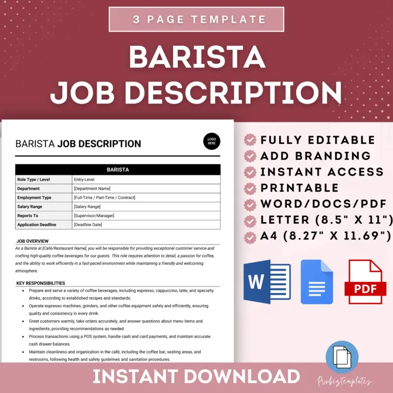 Barista Job Description Template | ProBizTemplates