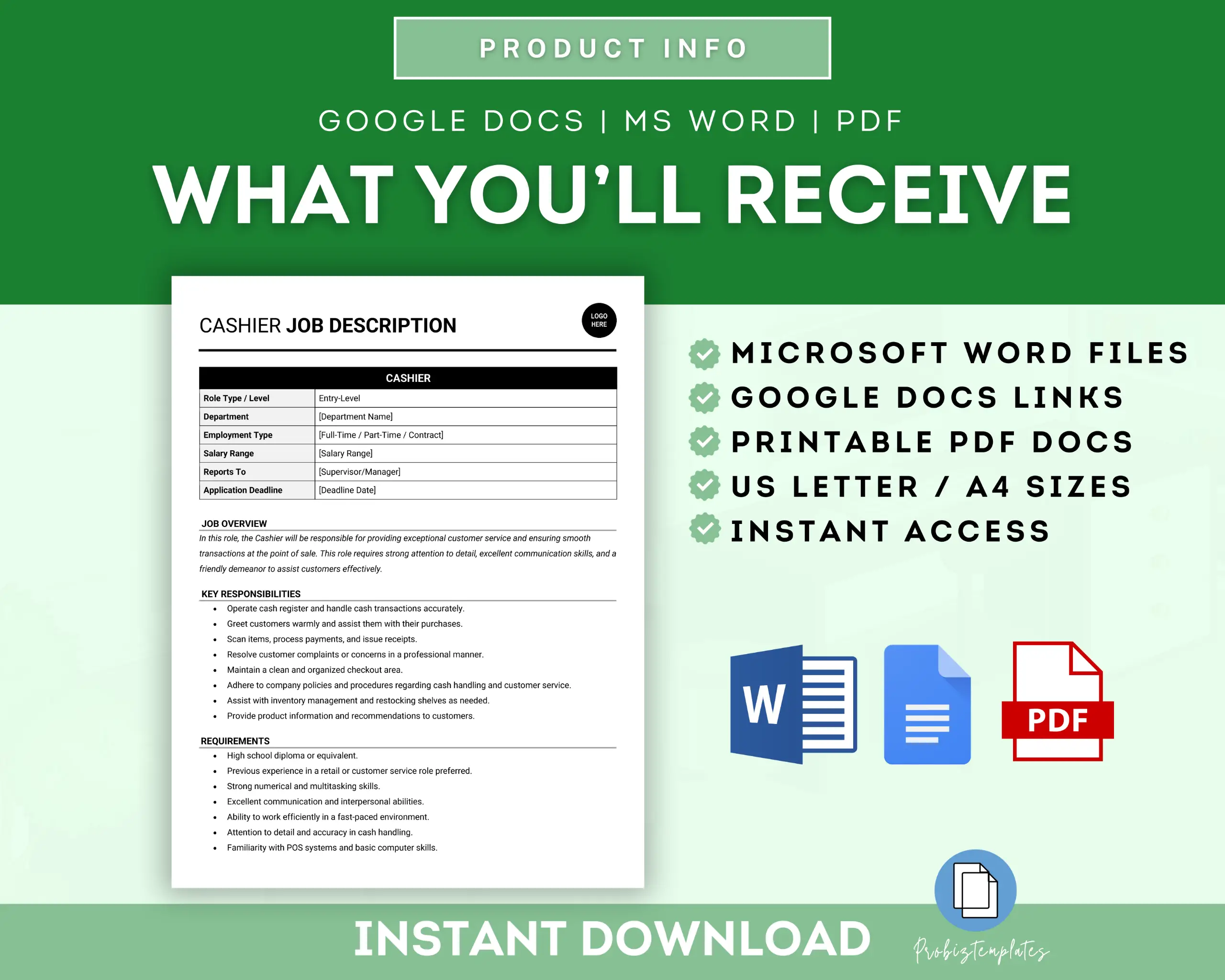 Cashier Job Description Template | ProBizTemplates