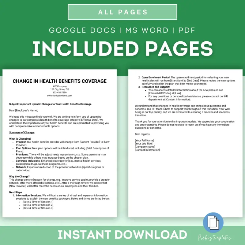 Change in Health Benefits Coverage Letter Template | ProBizTemplates
