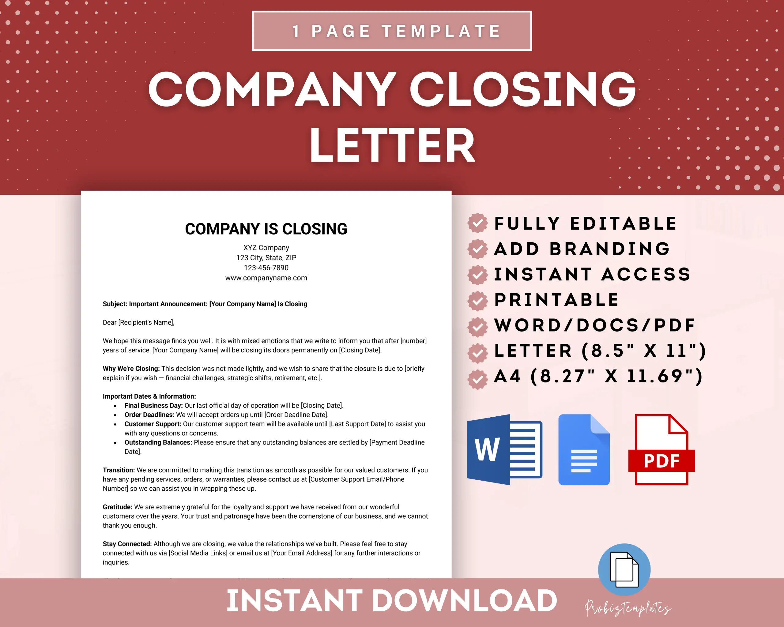 Company Closing Letter Template | ProBizTemplates