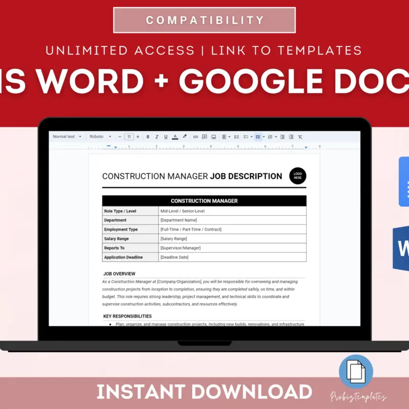 Construction Manager Job Description Template | ProBizTemplates