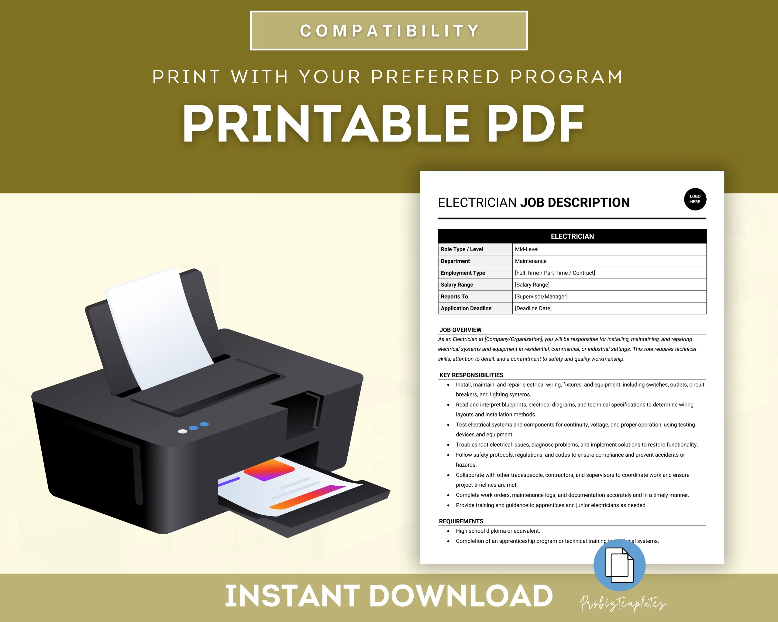 Electrician Job Description Template | ProBizTemplates