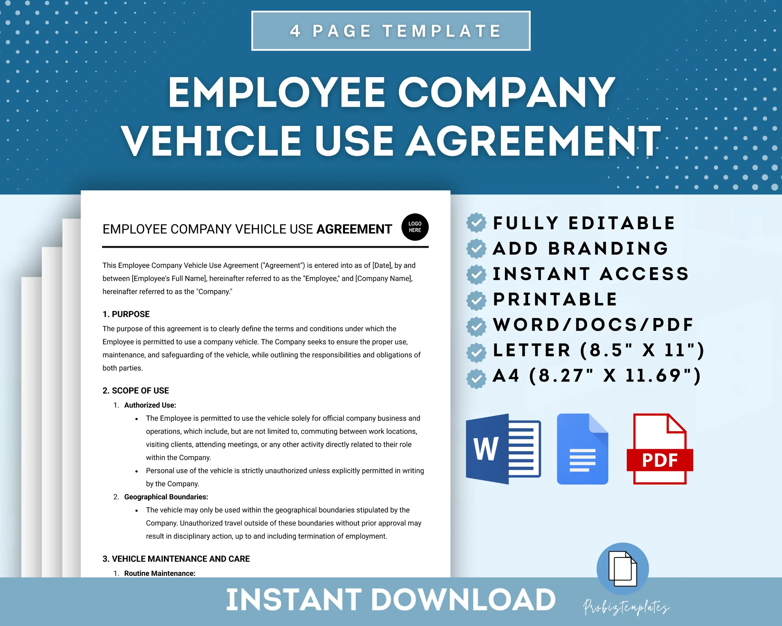 Employee Company Vehicle Use Agreement Template | ProBizTemplates