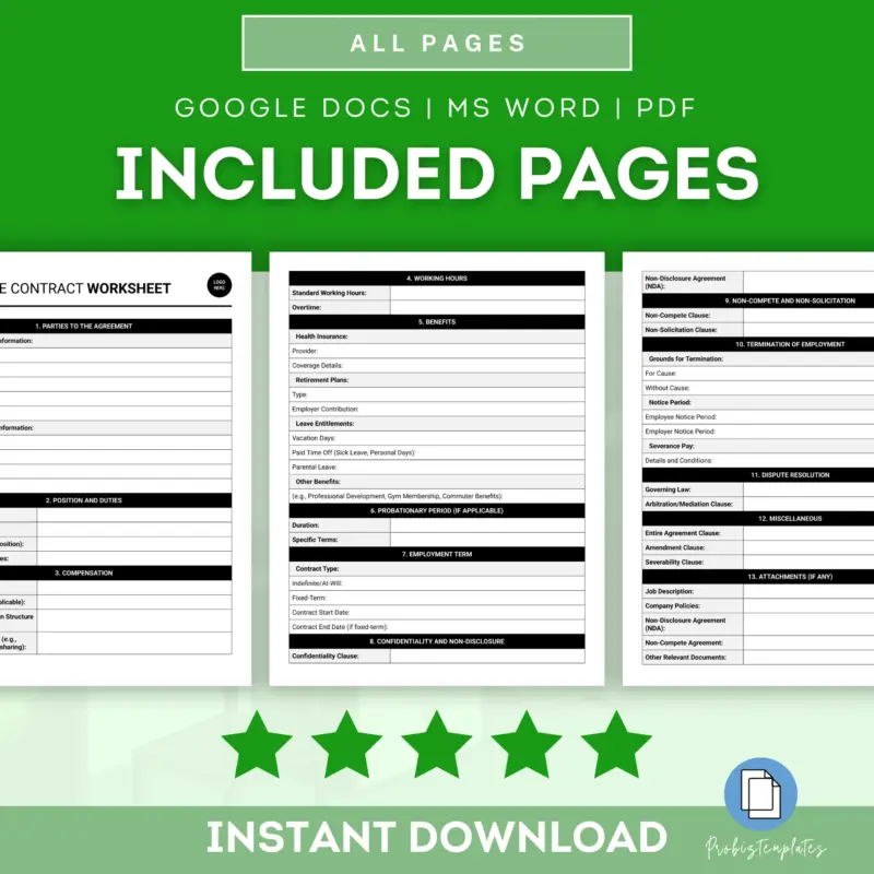 Employment Contract Worksheet Template | ProBizTemplates