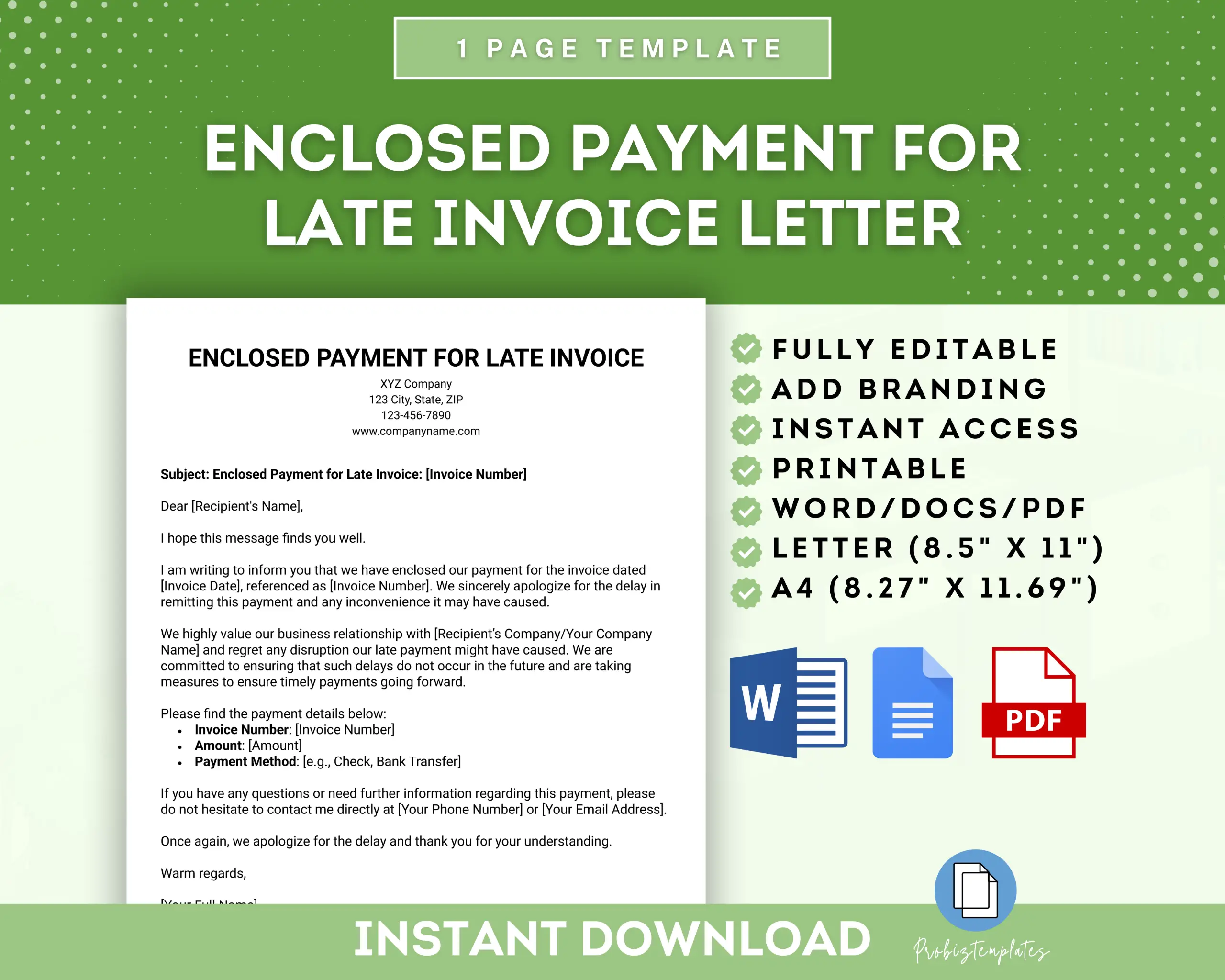 Enclosed Payment For Late Invoice Letter Template | ProBizTemplates