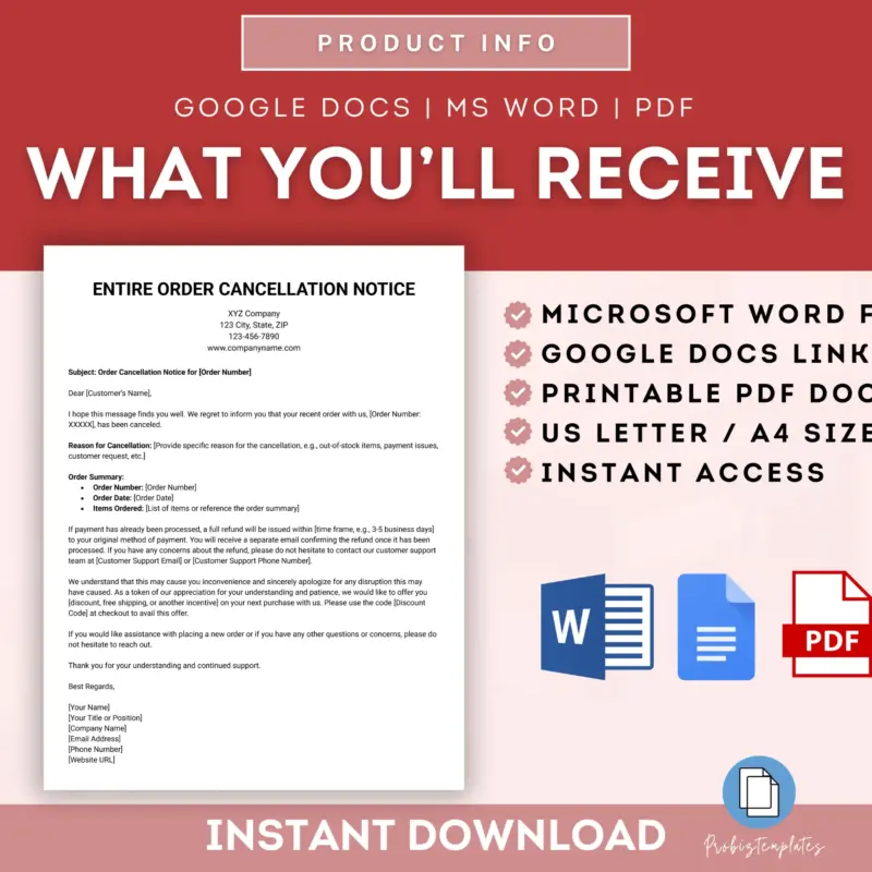 Entire Order Cancellation Notice Letter Template | ProBizTemplates