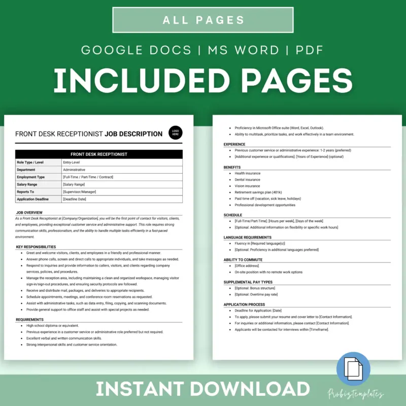 Front Desk Receptionist Job Description Template | ProBizTemplates