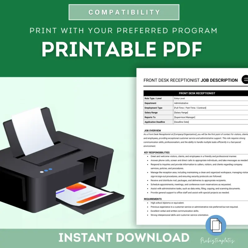 Front Desk Receptionist Job Description Template | ProBizTemplates
