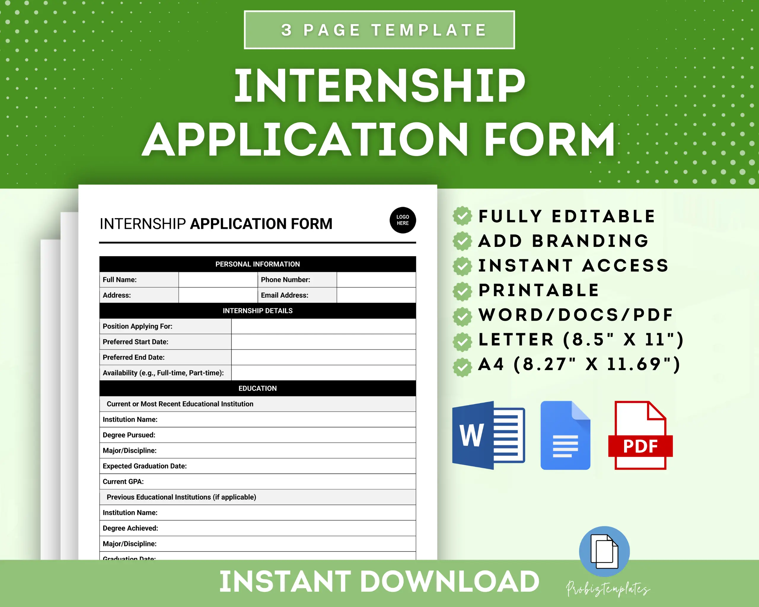 Internship Application Form Template | ProBizTemplates