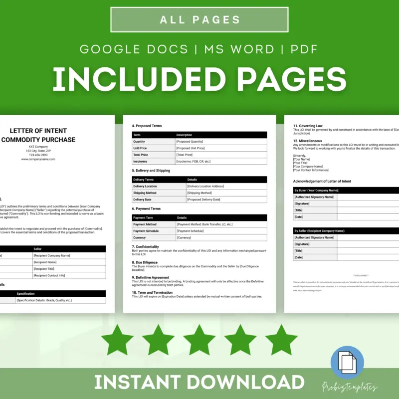 Letter Of Intent For Commodity Purchase Template | ProBizTemplates
