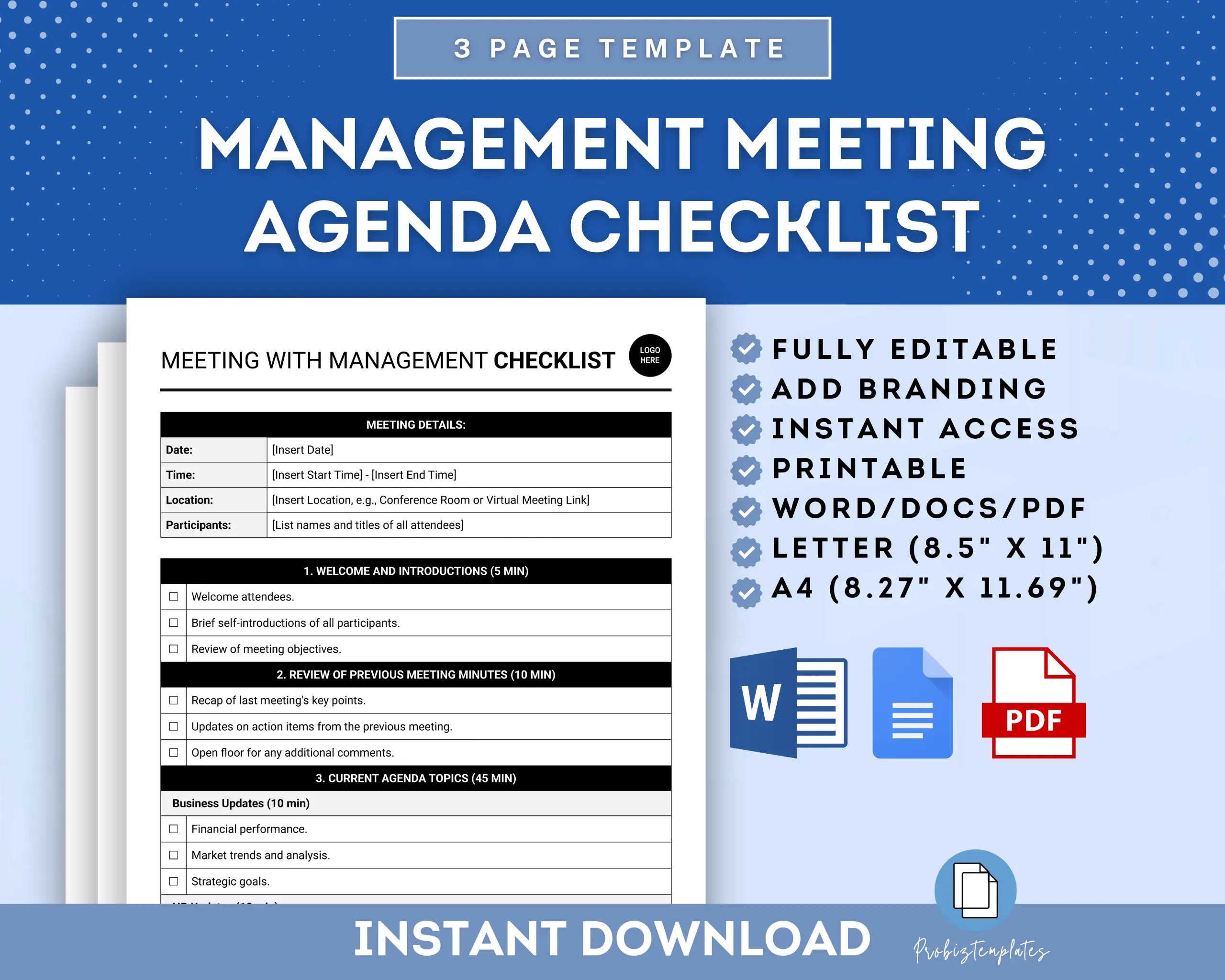 Meeting With Management Agenda Checklist Template | ProBizTemplates