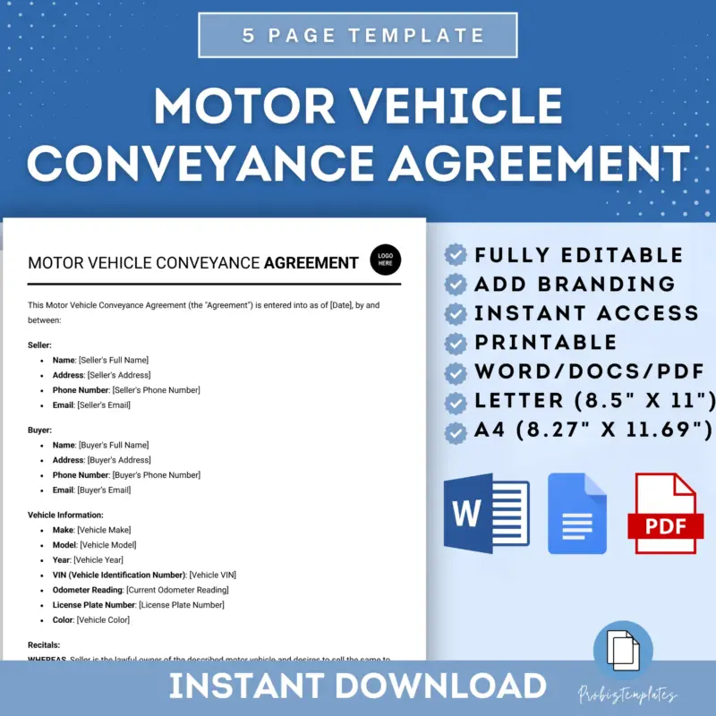 Motor Vehicle Conveyance Agreement Template | ProBizTemplates