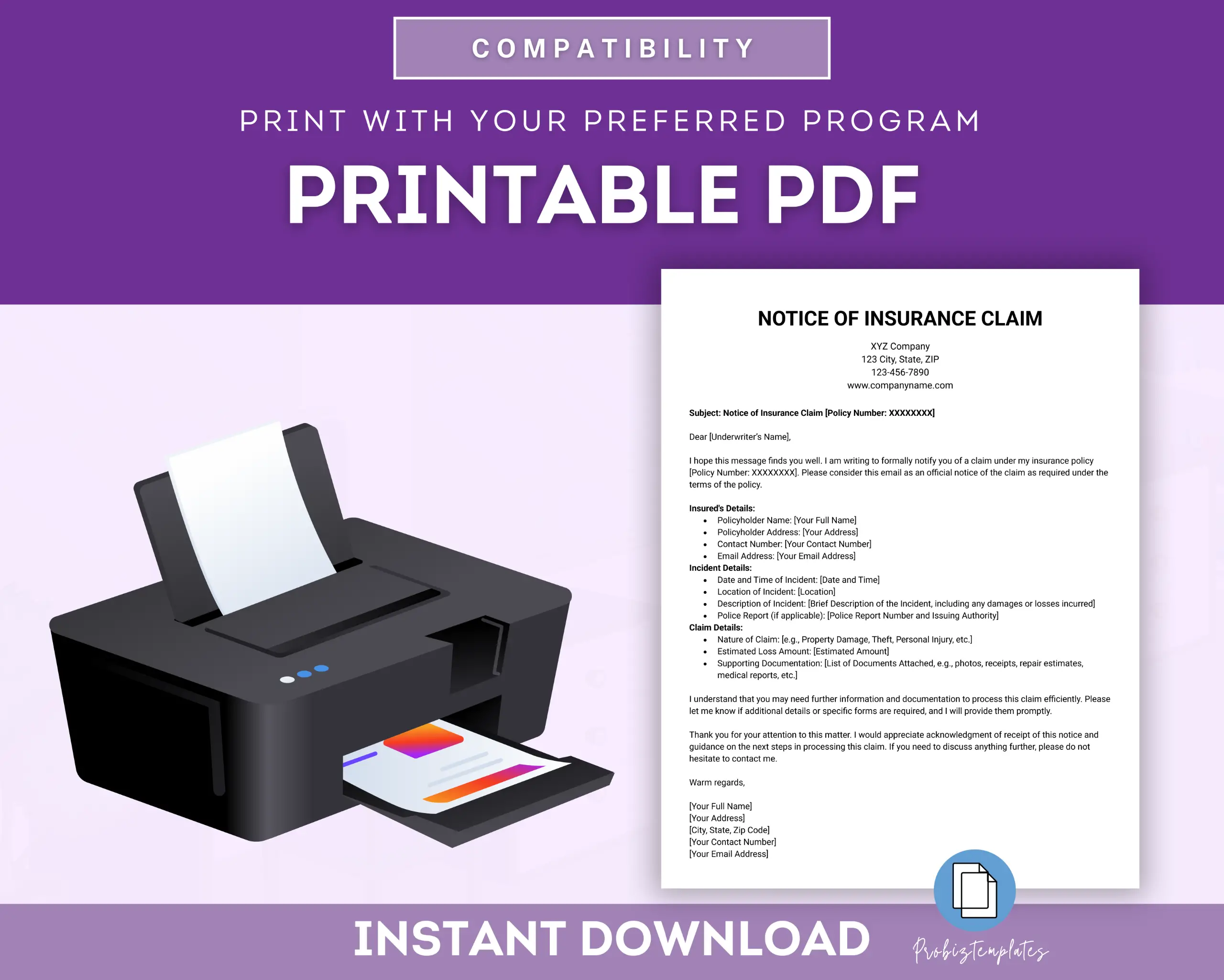 Notice of Insurance Claim Template | ProBizTemplates