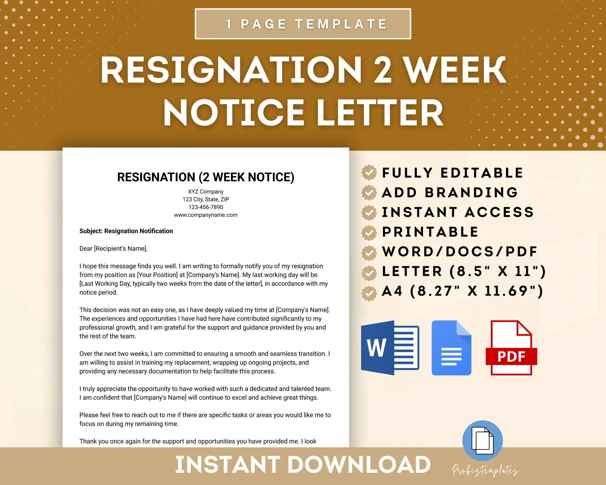 Resignation 2 Week Notice Letter Template | ProBizTemplates