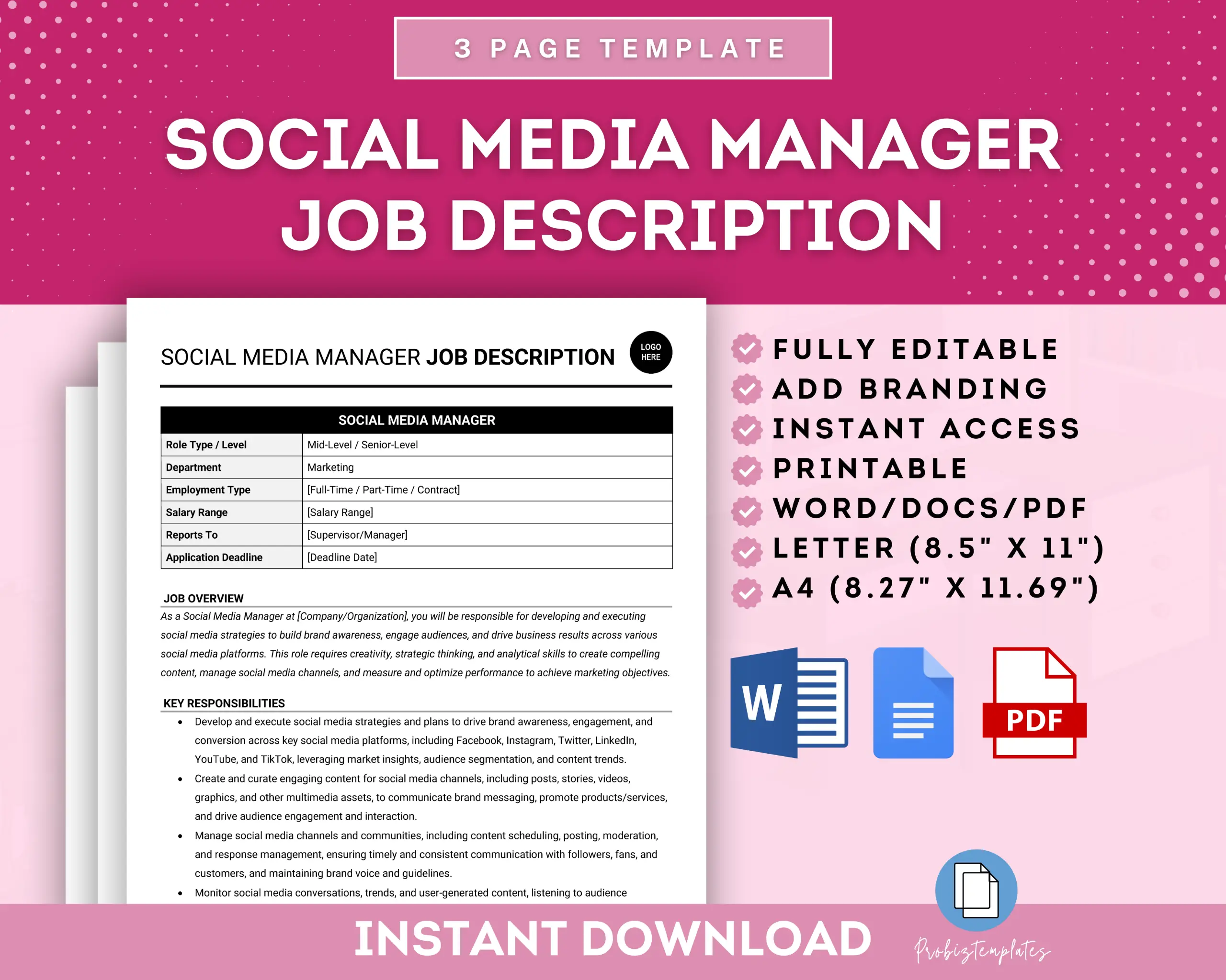 Social Media Manager Job Description Template | ProBizTemplates