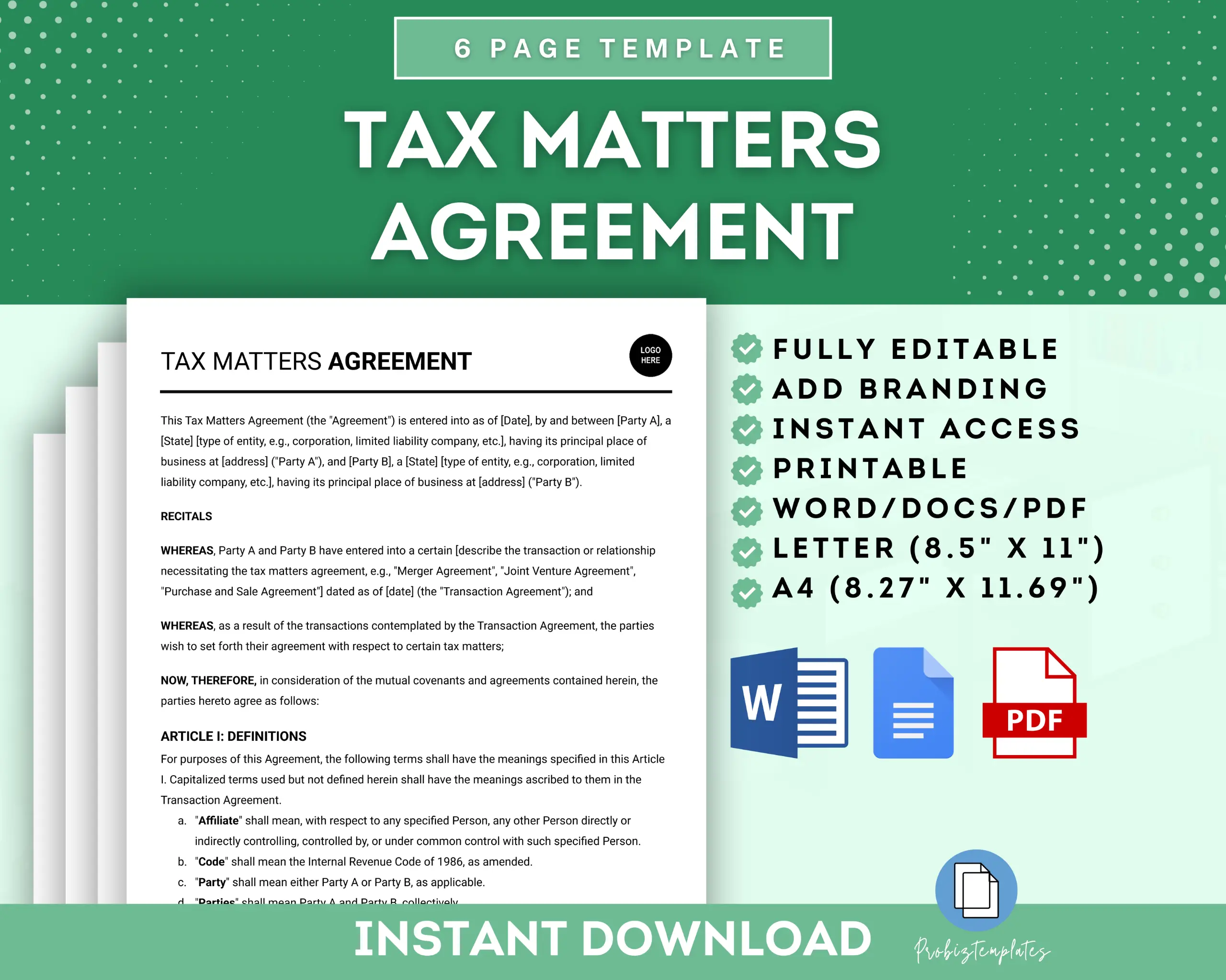 Tax Matters Agreement Template | ProBizTemplates