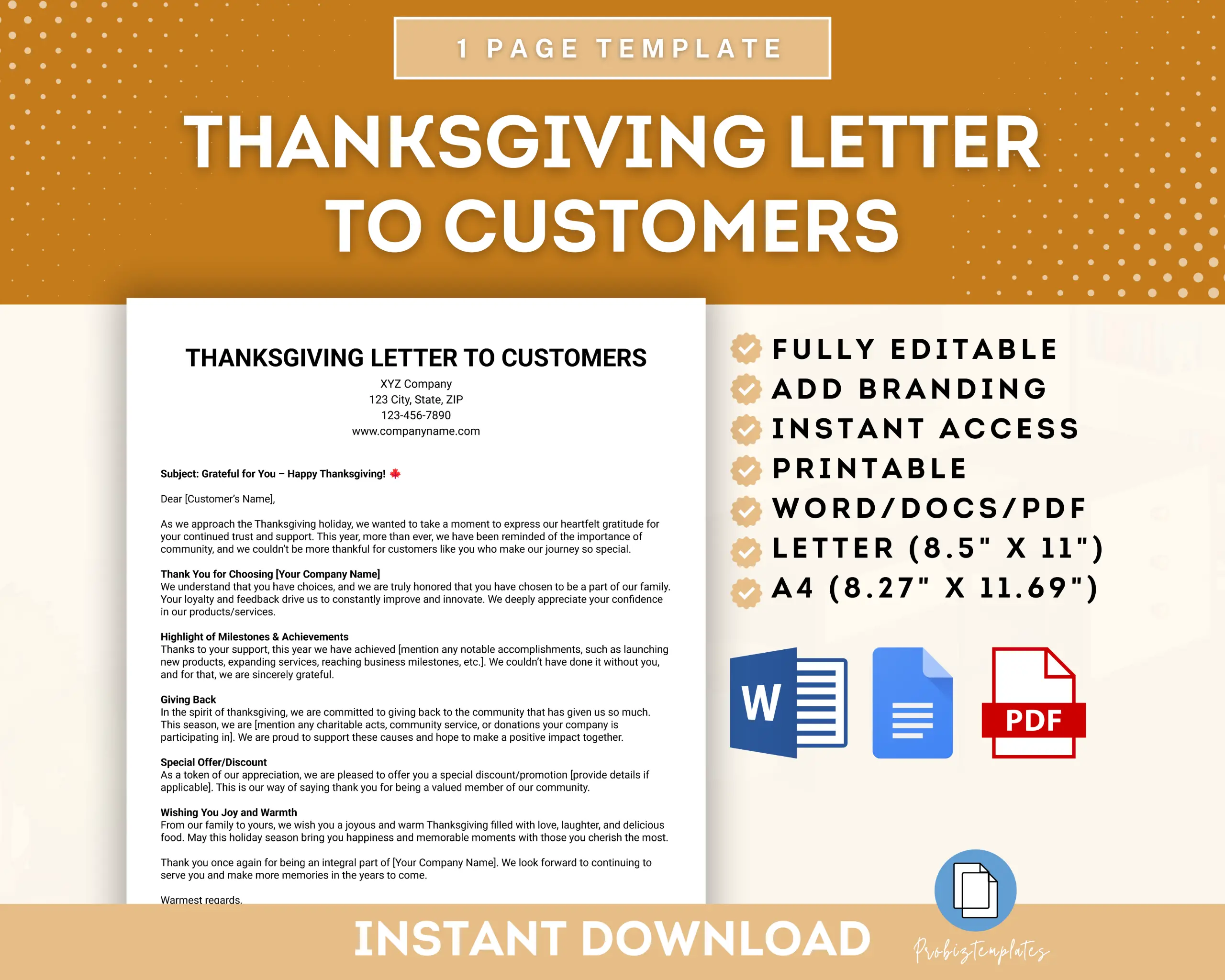 Thanksgiving Letter To Customers Template | ProBizTemplates
